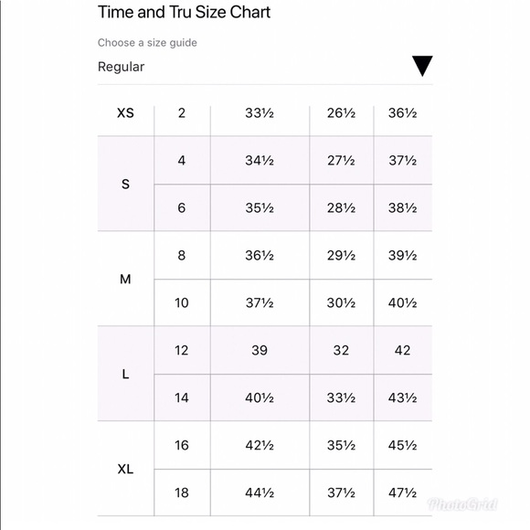 Time And Tru Size Chart